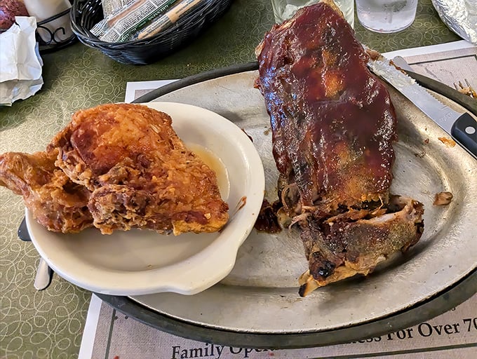 The surf and turf fantasy team: fall-off-the-bone ribs alongside golden fried chicken – proof that indecision can sometimes be delicious.