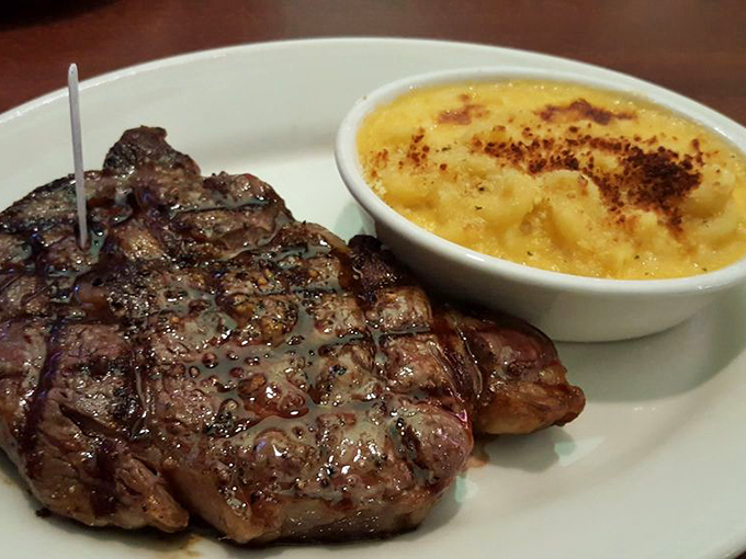 A juicy ribeye alongside mac and cheese that's achieved that magical crusty-on-top, creamy-underneath nirvana. Comfort food royalty.