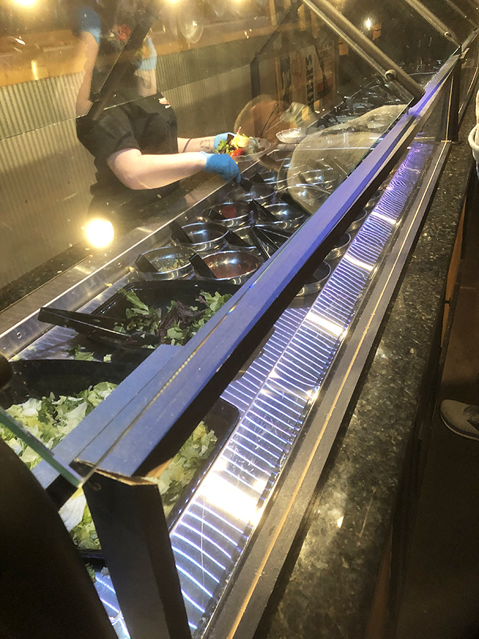 Behind glass, fresh ingredients stand at attention, ready for their salad bar destiny. The gloved hands of preparation add that reassuring touch.