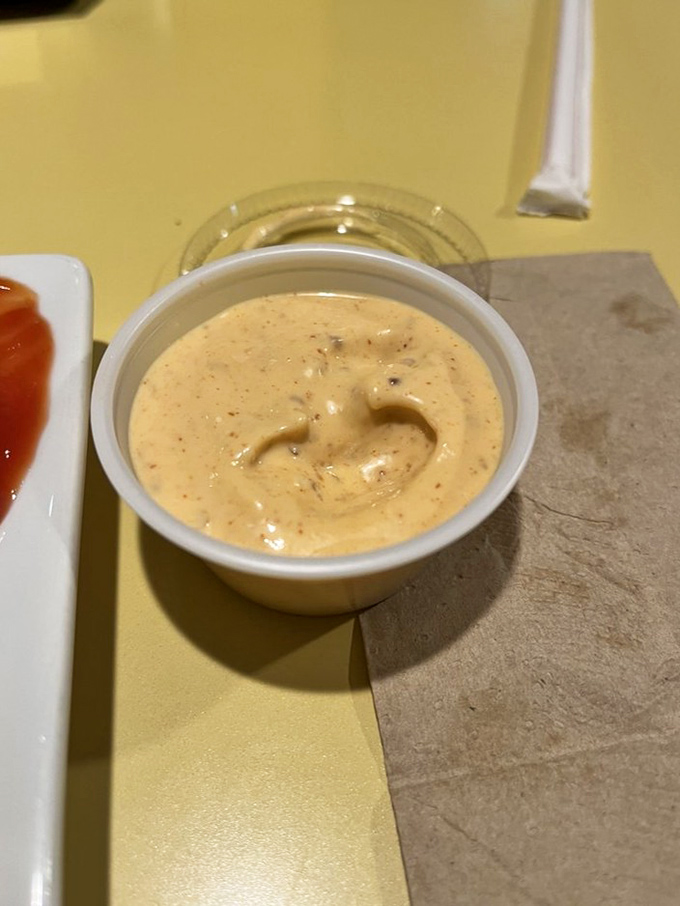 Solly's house sauce—creamy, slightly speckled, mysterious. Like a secret handshake in condiment form that elevates everything it touches.