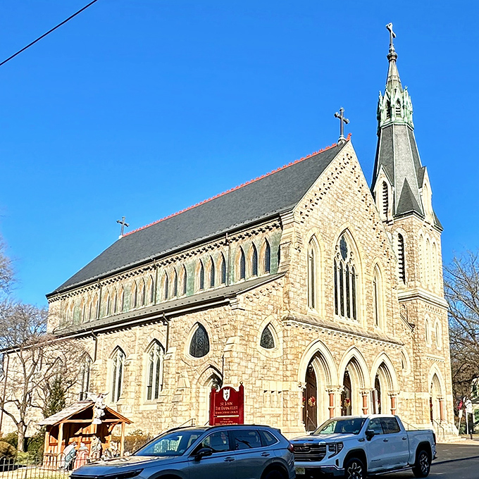 Gothic revival at its finest—this stone church reaches skyward with the same spiritual ambition that built Europe's great cathedrals.