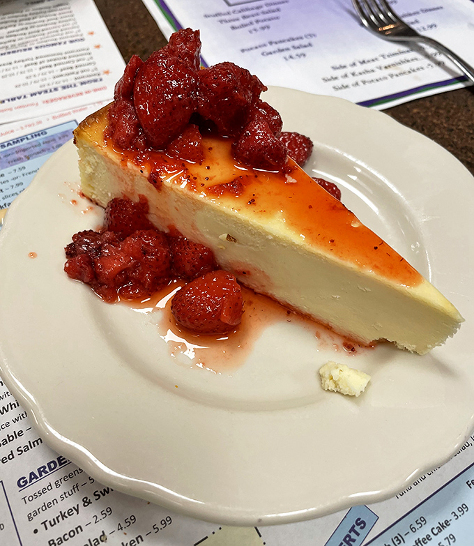 New York cheesecake crowned with strawberry compote – dense, creamy, and rich enough to make you contemplate moving to Connecticut permanently.