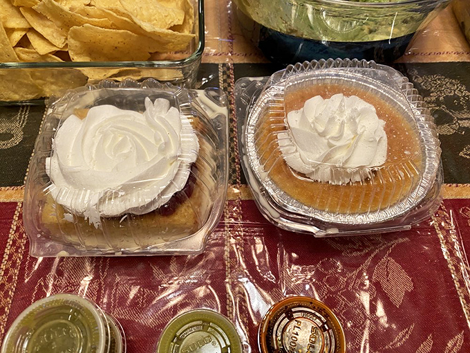 Dessert nirvana awaits with these take-home treasures – flan and tres leches cakes topped with clouds of whipped cream that would make angels jealous.