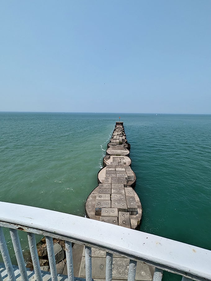 Looking down the breakwater's spine, you realize this isn't just a path—it's a runway for launching your imagination into Lake Erie's horizon.