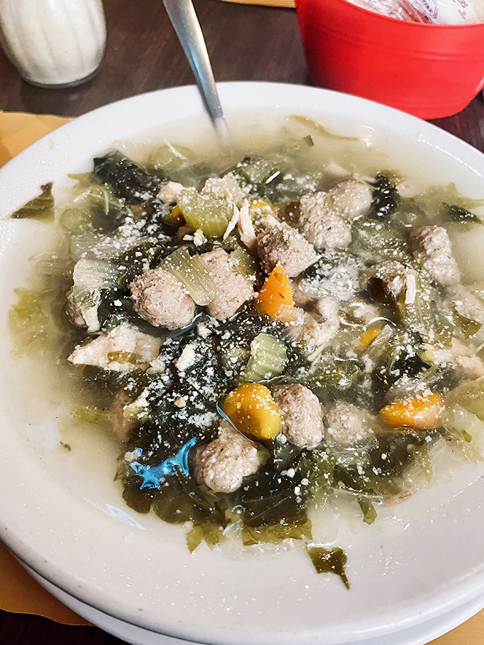 Wedding soup so authentic, you'll feel like you're crashing an Italian family celebration – tiny meatballs included, no gift required.