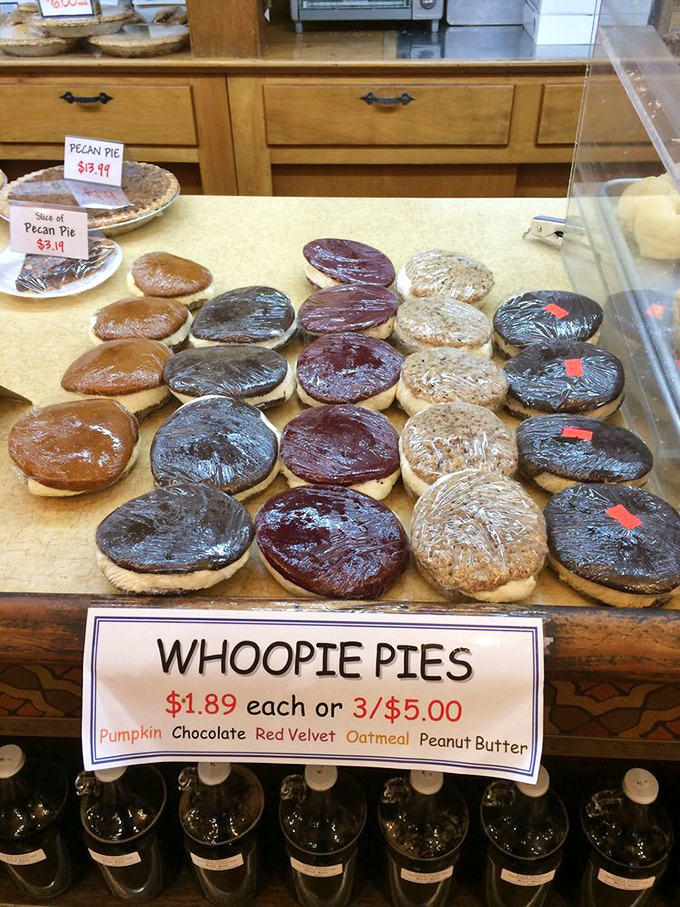 Whoopie pies in flavors from classic chocolate to red velvet—Pennsylvania's other famous dessert standing at attention like colorful, edible hockey pucks.