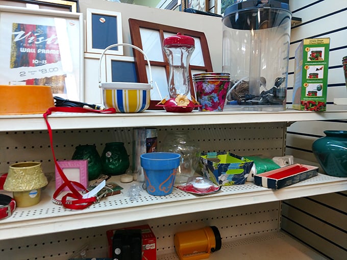 Colorful knickknacks and household items create a kaleidoscope of possibilities. That perfect accent piece is hiding somewhere on these shelves.