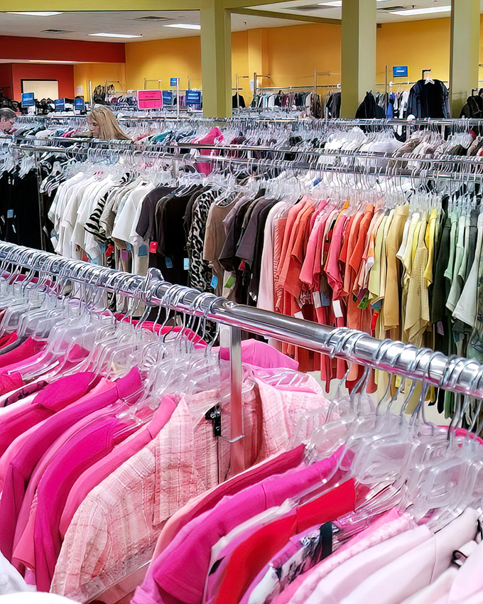 The women's section is arranged by both size and color, creating a visual feast. Pink enthusiasts, your section is fully stocked and ready for exploration.