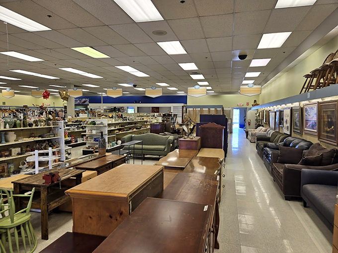 Sofas, dining sets, and occasional tables create a secondhand showroom that HGTV would approve of. That globe is just waiting to inspire your next adventure.