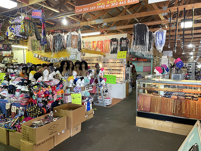 Vibrant accessories and fashion finds await discovery—where else can you shop for statement necklaces while surrounded by mannequin heads nodding in silent approval?