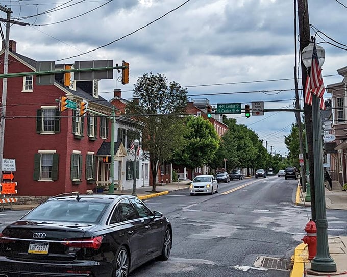 Even the intersections in Lititz have personality. Tree-lined streets, historic buildings, and not a chain store in sight—this is small-town America at its finest.