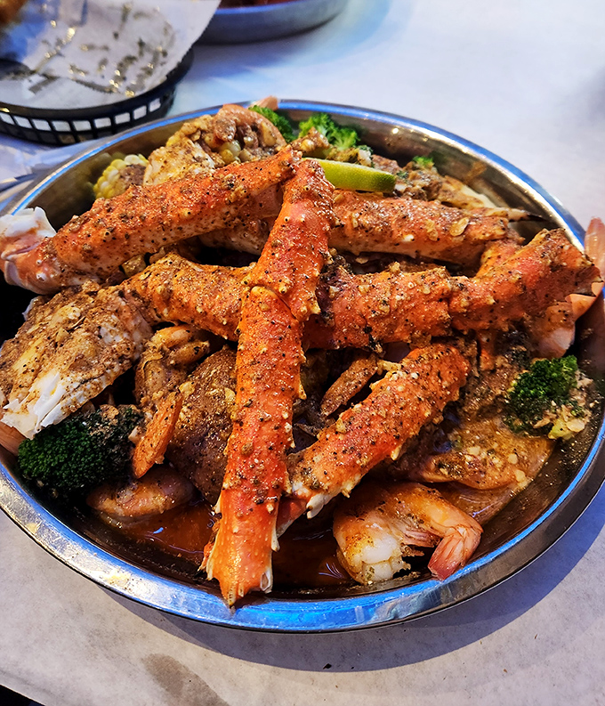 King crab legs and spicy sauce—a royal feast that transforms ordinary Tuesday dinners into occasions worth remembering.