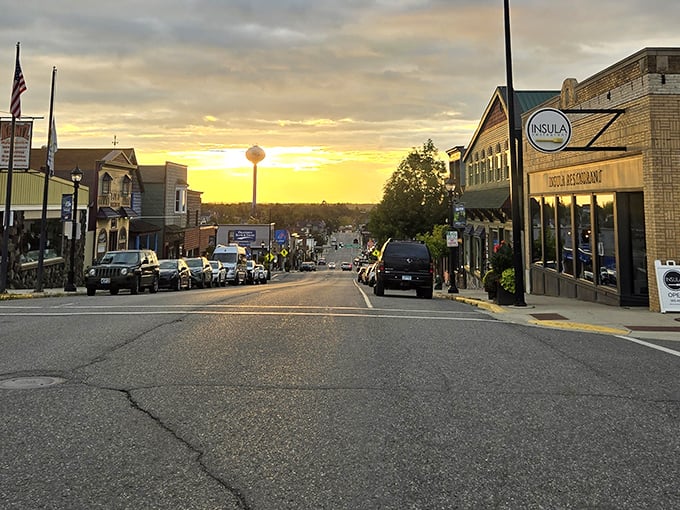 Sunset bathes Ely's main street in golden light, transforming an ordinary small-town thoroughfare into something worthy of a postcard—or at least an Instagram without filters.