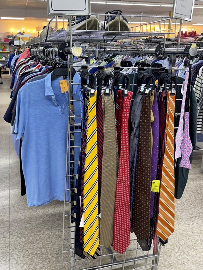 The necktie collection offers sartorial salvation for job interviews or weddings—each stripe and pattern a tiny fabric autobiography of previous owners.