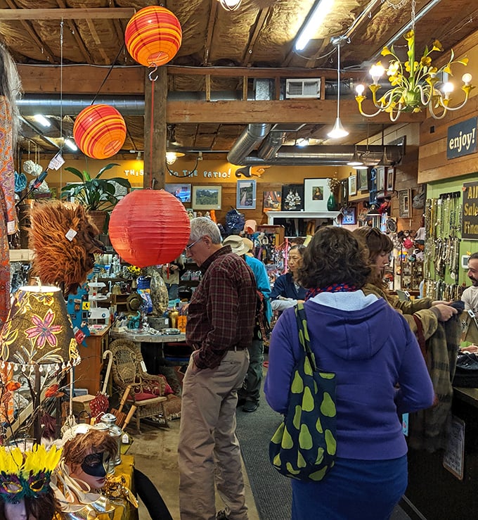 Colorful paper lanterns float overhead as shoppers hunt for treasures. It's like a garage sale curated by museum professionals with impeccable taste.