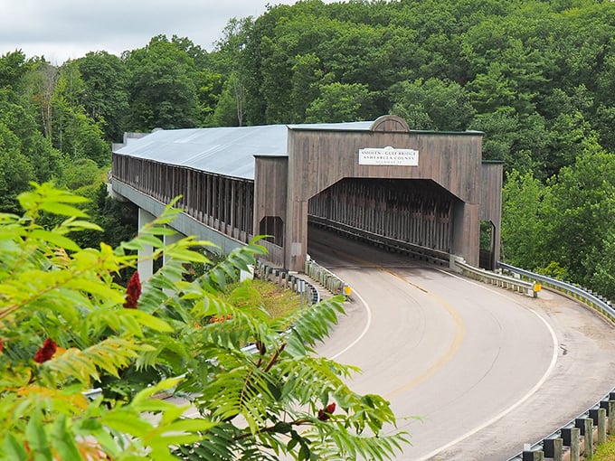 Covered bridges aren't just for postcards—they're for actual driving, as evidenced by this wooden wonder embracing a modern road.