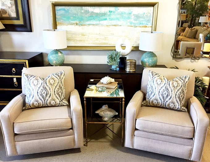 Twin armchairs that could have stepped straight out of a design magazine, proving secondhand doesn't mean second-best.