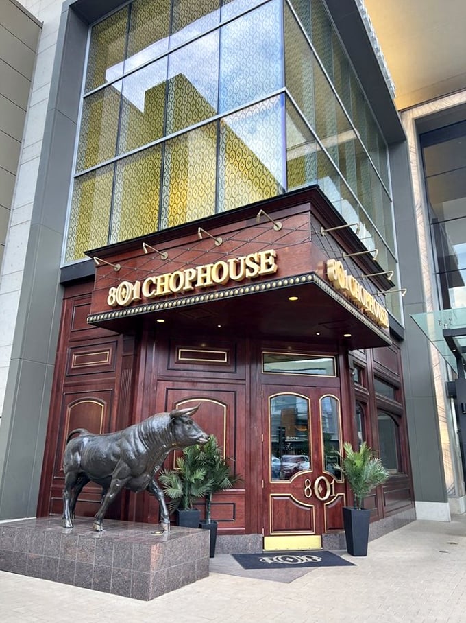 That bull statue isn't just decoration – it's a warning that serious beef business happens inside these doors.