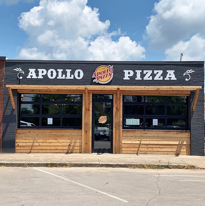 Sleek, modern, and ready for liftoff—this black building houses pizza that's out of this world.
