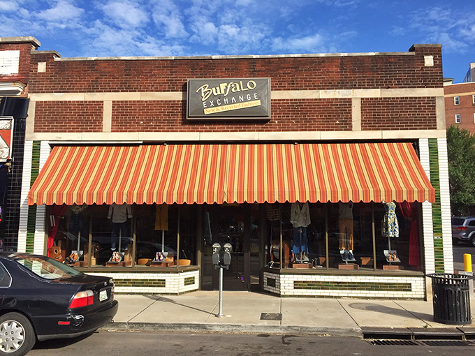 Vintage vibes with modern style! Buffalo Exchange's charming storefront with classic awning promises curated fashion finds.