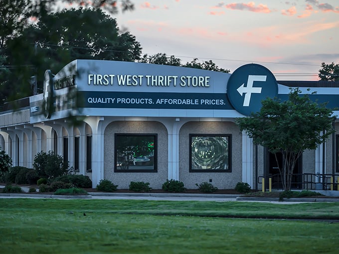 Twilight casts a magical glow on this thrift store's distinctive façade – shopping here feels equally enchanted.
