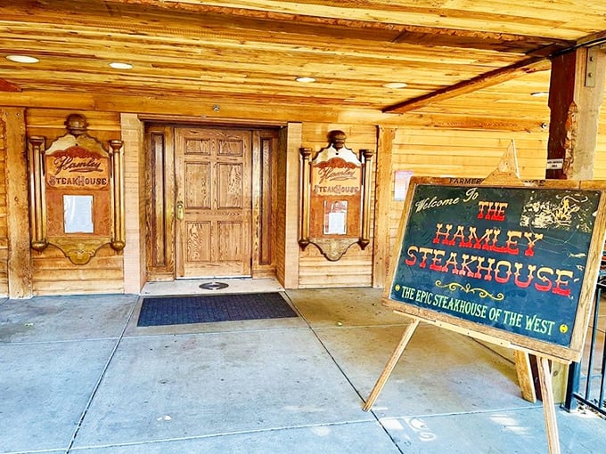 Hamley's wooden entrance and "Epic Steakhouse" sign make a bold promise that their kitchen absolutely delivers on.
