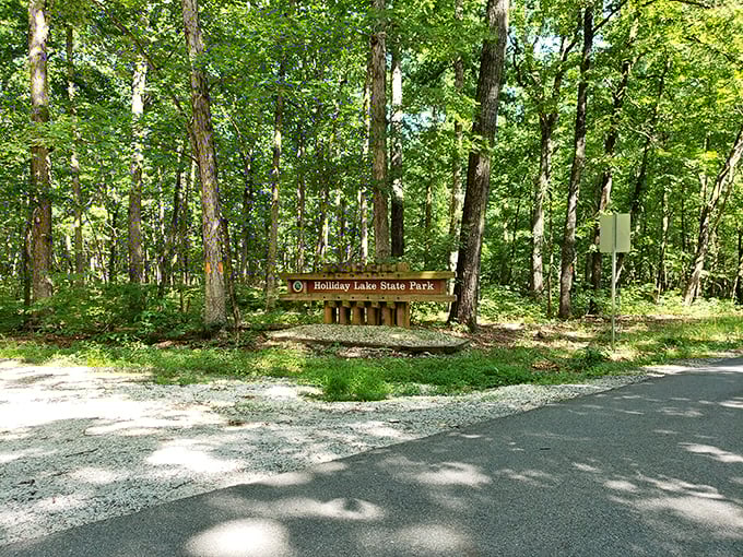 Holiday Lake State Park's wooden sign stands sentinel at the forest's edge, promising cool waters beyond the trees.