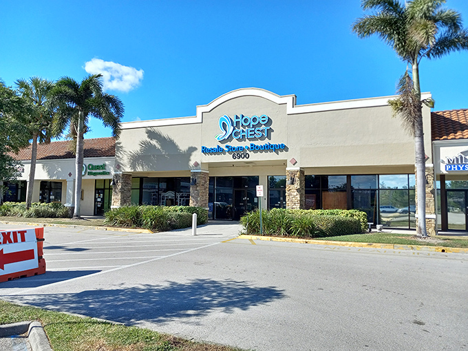 Hope Chest's palm-lined entrance feels more like a boutique than a thrift store – luxury without the price tag.