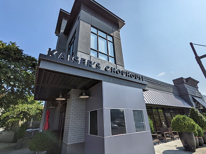 Kaiser's modern exterior hints at the contemporary take on classic steakhouse fare waiting inside.