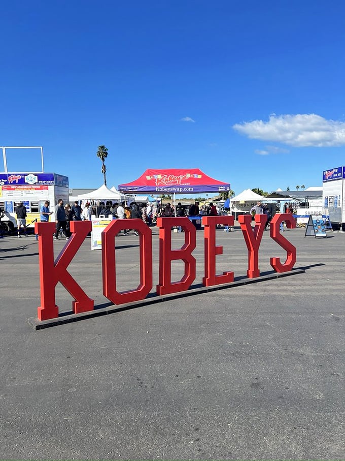 Kobey's big red letters announce what locals already know: the weekend treasure hunt starts here!