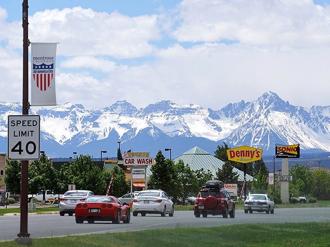 Montrose greets visitors with a "Welcome" banner and mountain views that would cost double elsewhere in Colorado.