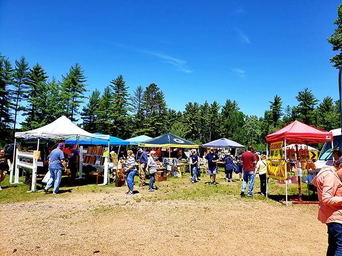 Nature provides the perfect backdrop for treasure hunting—pine trees and blue skies frame this northwoods marketplace.
