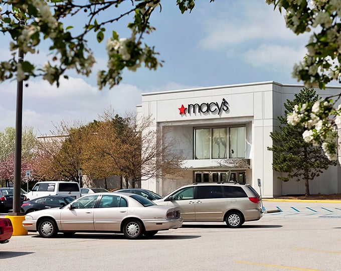 Macy's classic white storefront anchors Tippecanoe Mall, where Lafayette shoppers find department store elegance and outlet bargains.