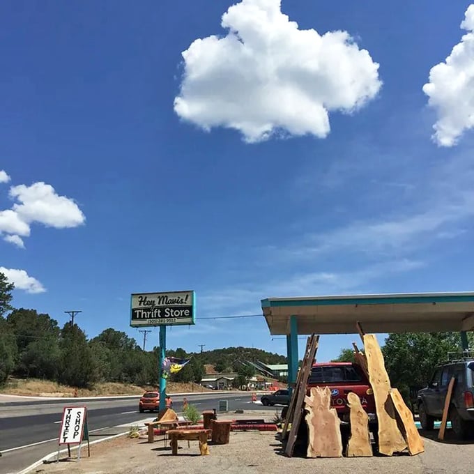 The outdoor display at Hey Mavis! showcases wooden treasures under New Mexico's brilliant blue sky—rustic charm at pocket-change prices.