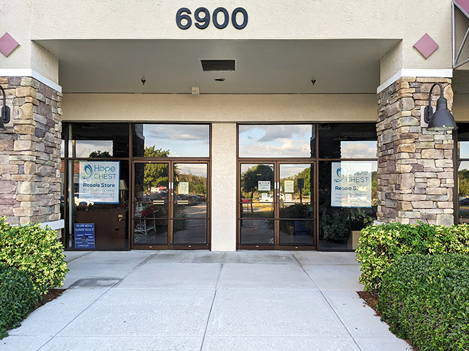 The entrance says "upscale shopping experience" while the prices whisper "incredible bargain" – the perfect combination!