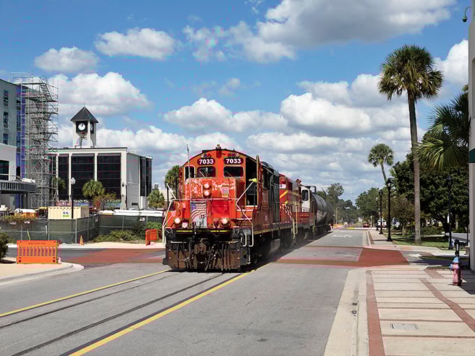 A bright red train cuts through downtown Ocala, a reminder that this charming city connects Florida's past with its present.