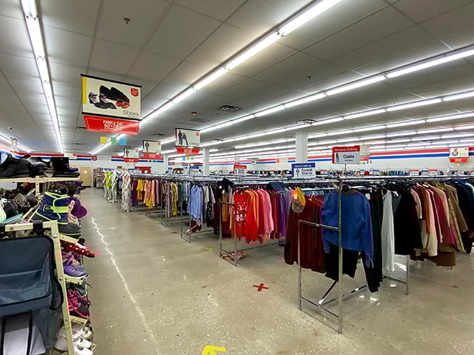 That red roof and welcoming entrance signal family-friendly thrifting where everyone finds something special inside.