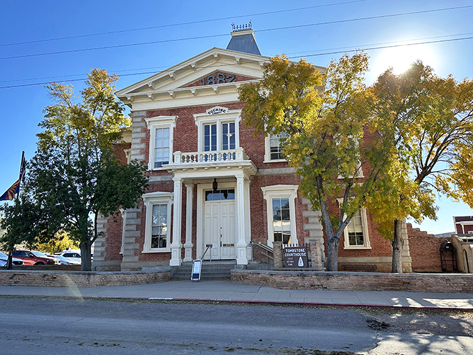 Fall colors frame this stately courthouse that once witnessed the legal aftermath of Tombstone's infamous gunfights and silver boom dramas.