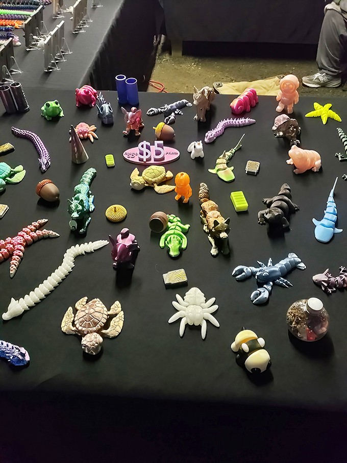 A menagerie of colorful creatures awaits new homes at just $5 each—proof that at Jake's, even dinosaurs and sea monsters come with bargain price tags.