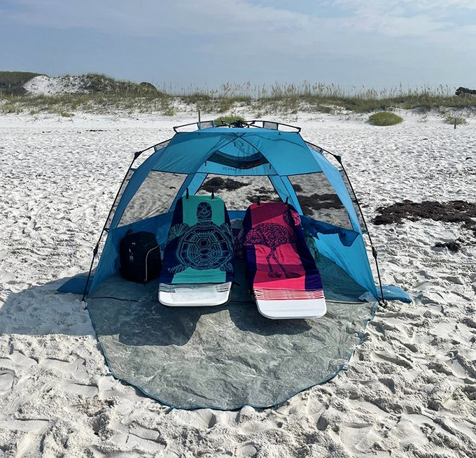 Beach camping perfection: where your "room" comes with million-dollar views and the world's most effective white noise machine—the Gulf.