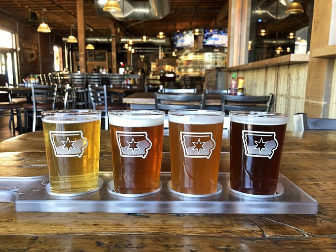 A flight of Iowa craft beers lined up like liquid amber jewels, each glass a different chapter in the state's brewing story.