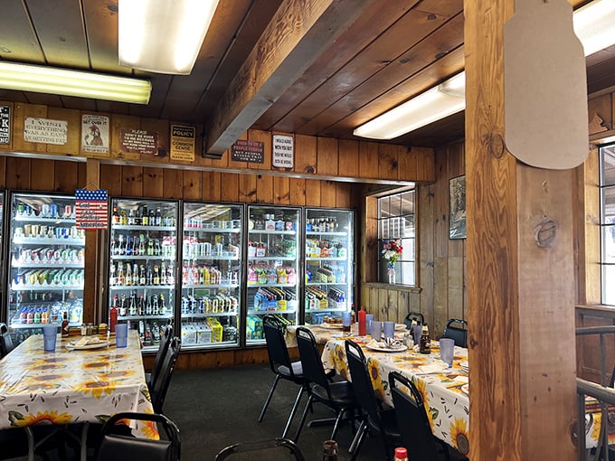 The beverage wall of dreams. Cold drinks await behind glass doors, promising sweet relief after a day of Sierra adventures.