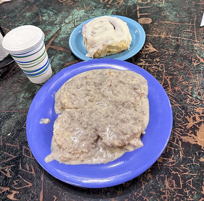 Biscuits swimming in creamy sausage gravy – Southern comfort food that makes you want to adopt a drawl for the rest of the day. 