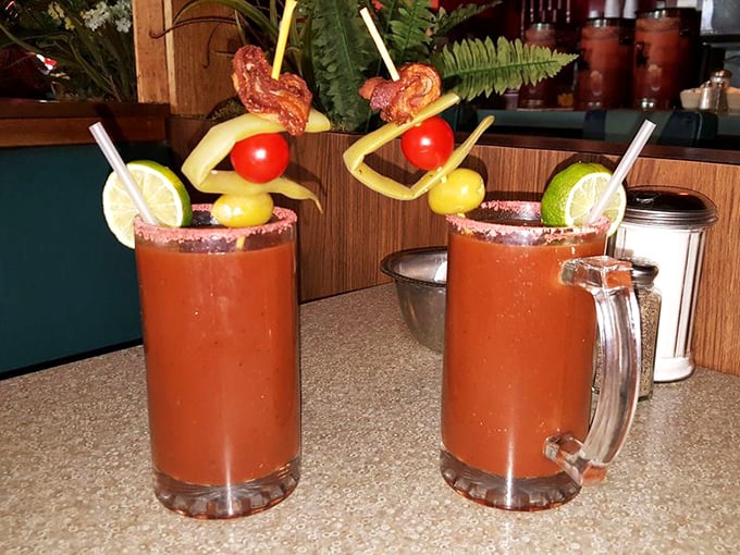 Bloody Marys garnished like small salad bars. These aren't just drinks—they're liquid appetizers with personality.