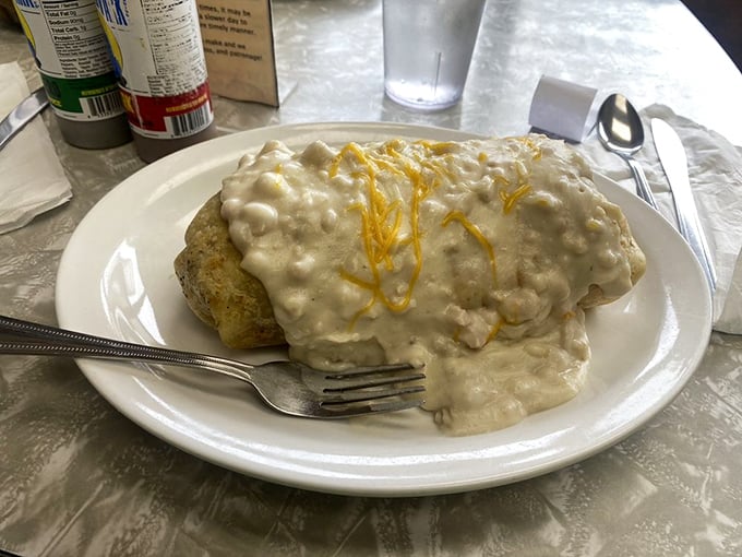 Behold the breakfast burrito—smothered in gravy and challenging the very laws of physics. Your diet plan's arch-nemesis has arrived.