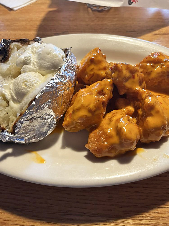Buffalo bites and a loaded potato—proof that appetizers can be so good they deserve their own spotlight and standing ovation.