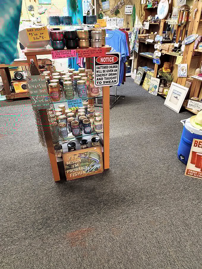 "Unattended children will be given espresso"—the market's sense of humor shines alongside handcrafted candles and coastal decor.