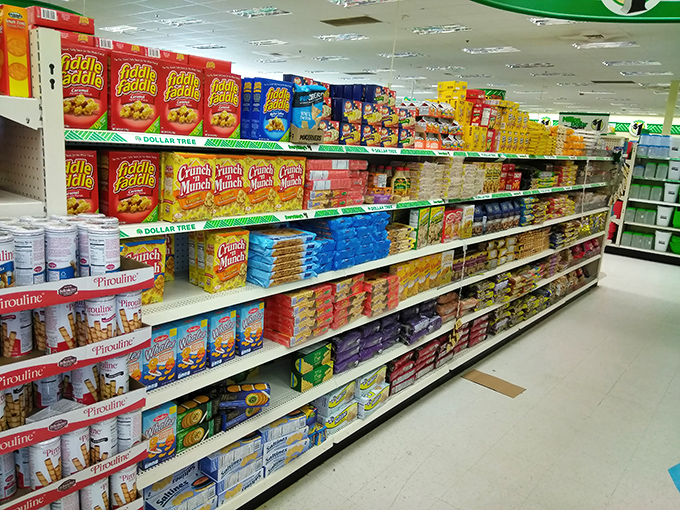 Name-brand cereals and pantry staples line the shelves. Breakfast of champions meets budget of realists in this carb-laden paradise.