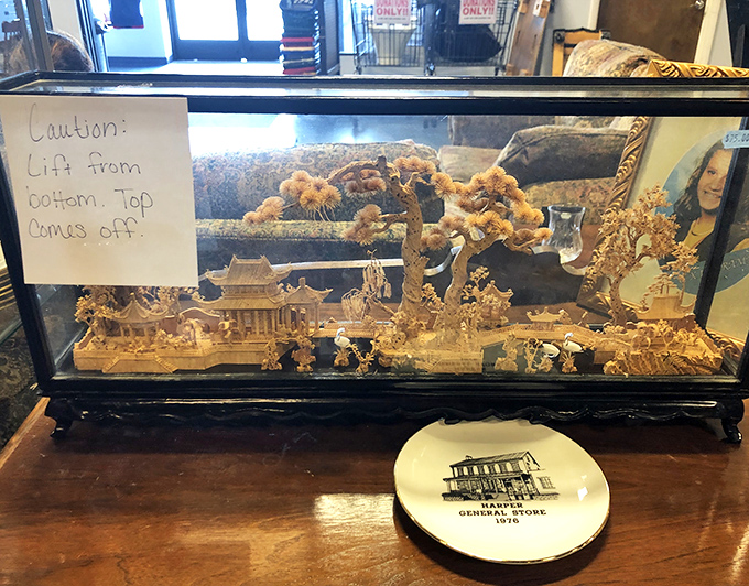 Intricate Chinese cork art that somehow survived decades intact. The handwritten note adds that perfect touch of thrift store authenticity.