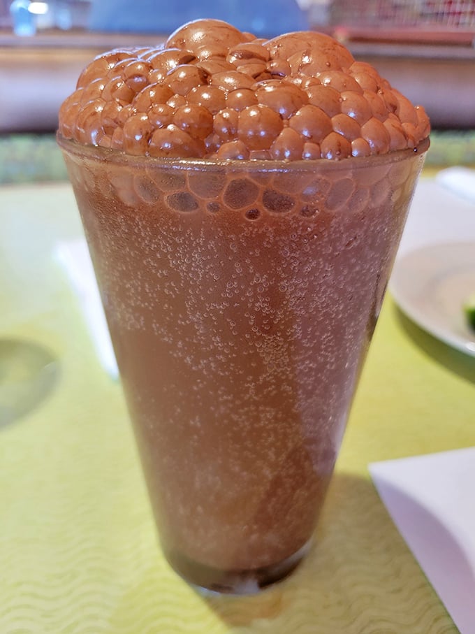 A chocolate phosphate that bubbles with nostalgia—the fizzy equivalent of finding your favorite childhood toy in perfect condition.